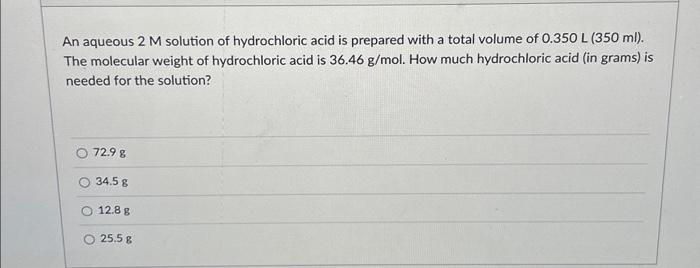 Solved An aqueous 2 M solution of hydrochloric acid is | Chegg.com