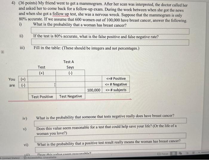 Solved 4) (36 points) My friend went to get a mammogram. | Chegg.com
