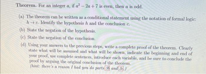 Solved Theorem For An Integer A If A2−2a7 Is Even Then A