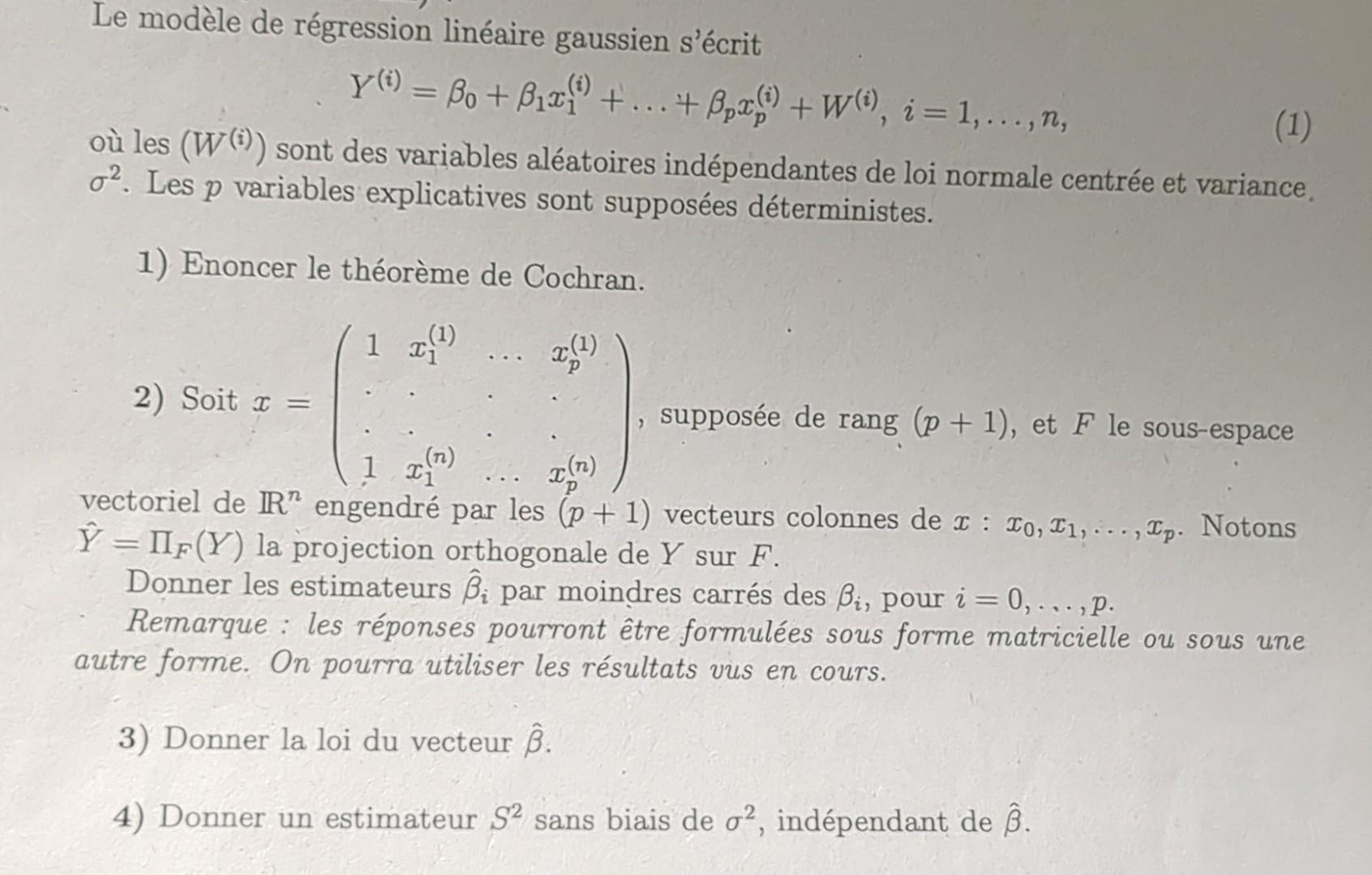 Solved Le modèle de régression linéaire gaussien | Chegg.com