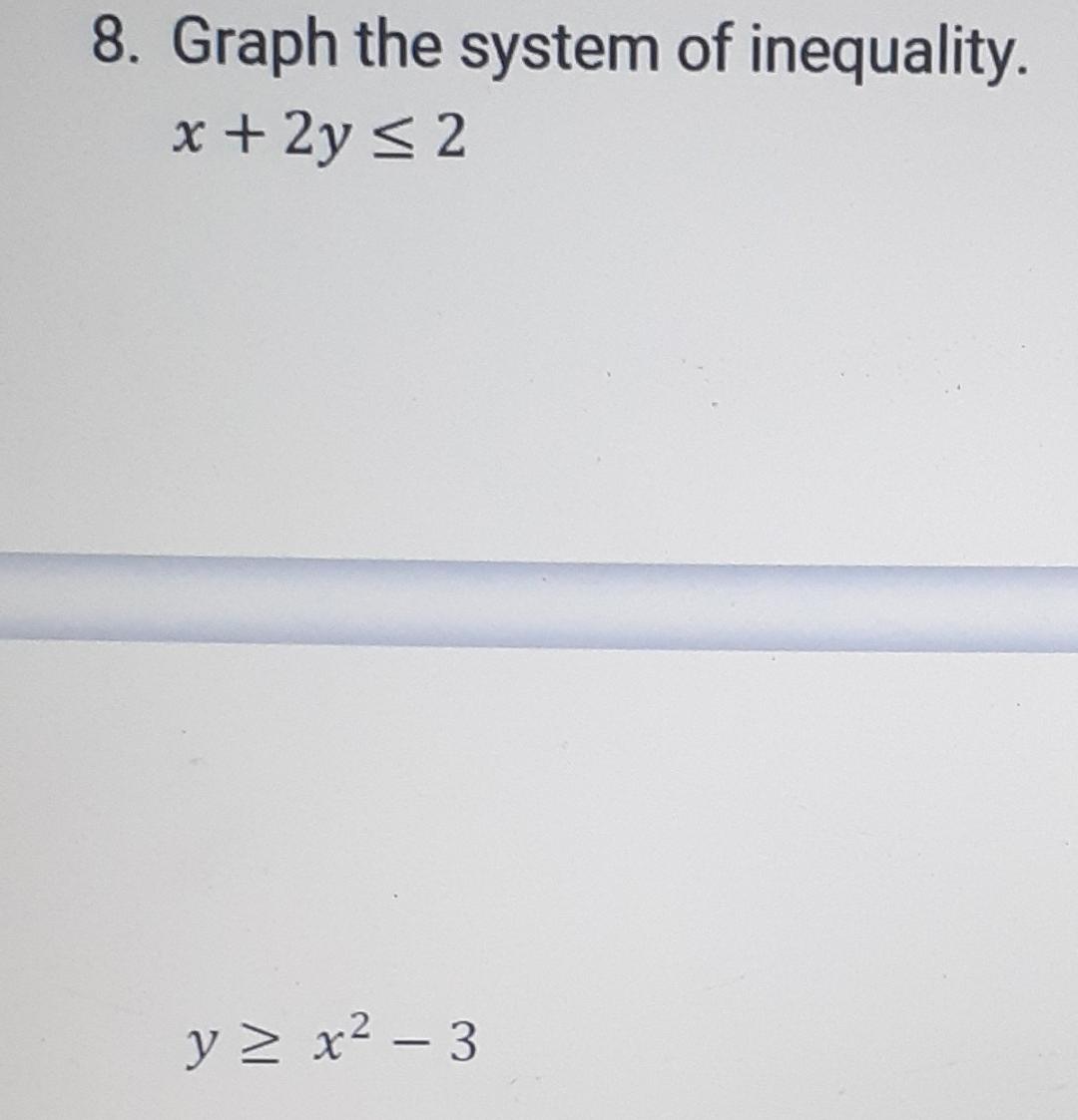 Solved 8. Graph the system of inequality. x+2y≤2 y≥x2−3 | Chegg.com