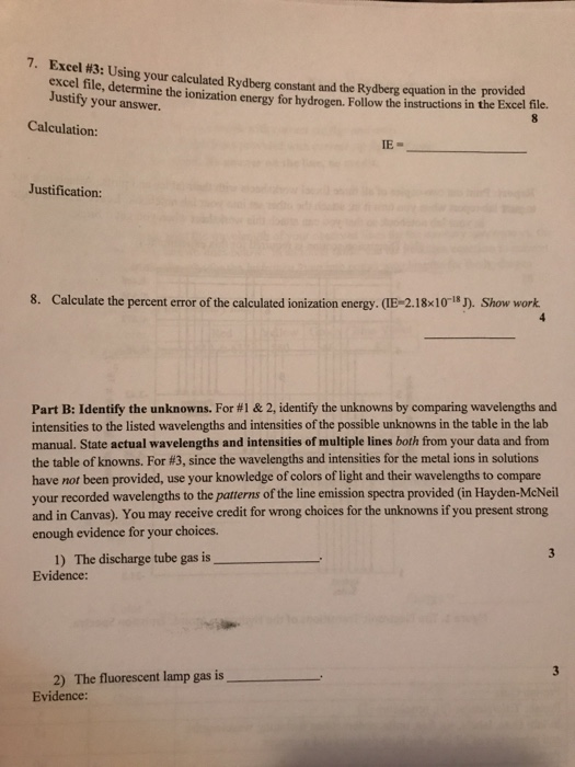7. Excel #3: Using your calculated Rydberg constar | Chegg.com