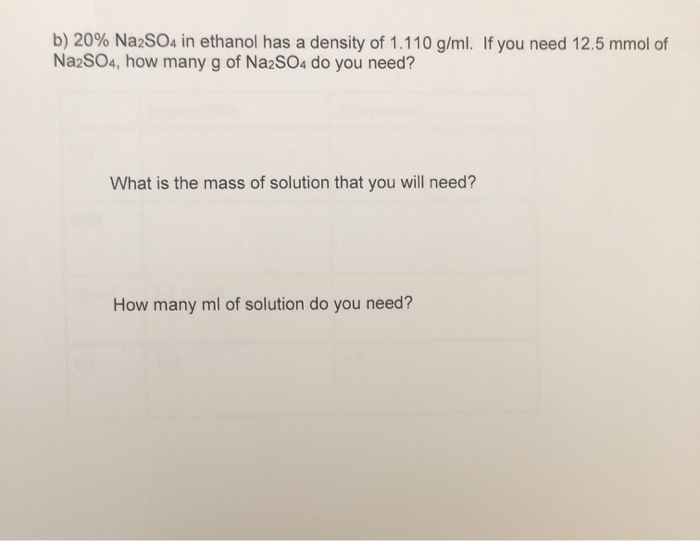 Solved b) 20% Na2SO4 in ethanol has a density of 1.110 g/ml. | Chegg.com