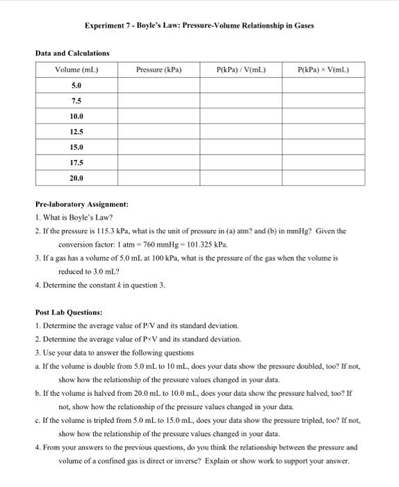 Solved Experiment 7 - Boyle's Law: Pressure-Volume | Chegg.com