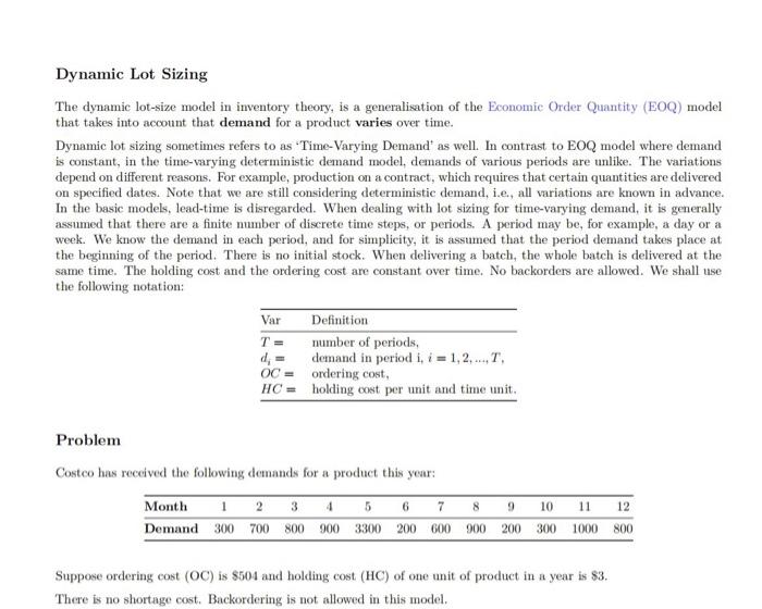 Solved Dynamic Lot Sizing The Dynamic Lot Size Model In
