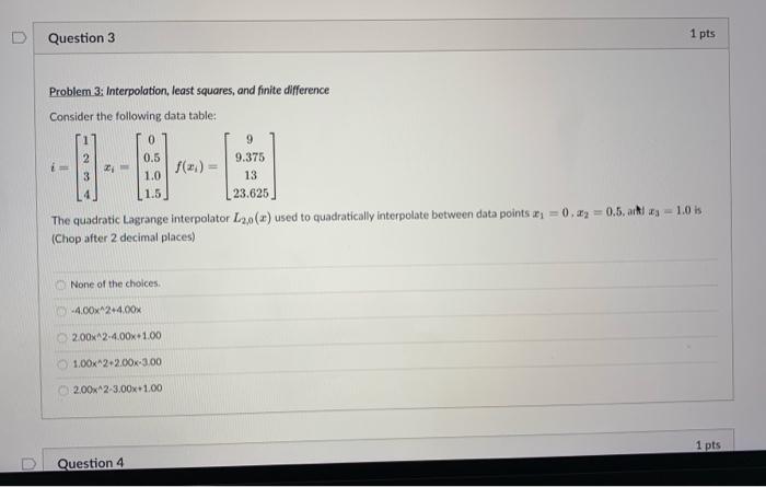 Solved Question 3 1 pts Problem 3: Interpolation, least | Chegg.com