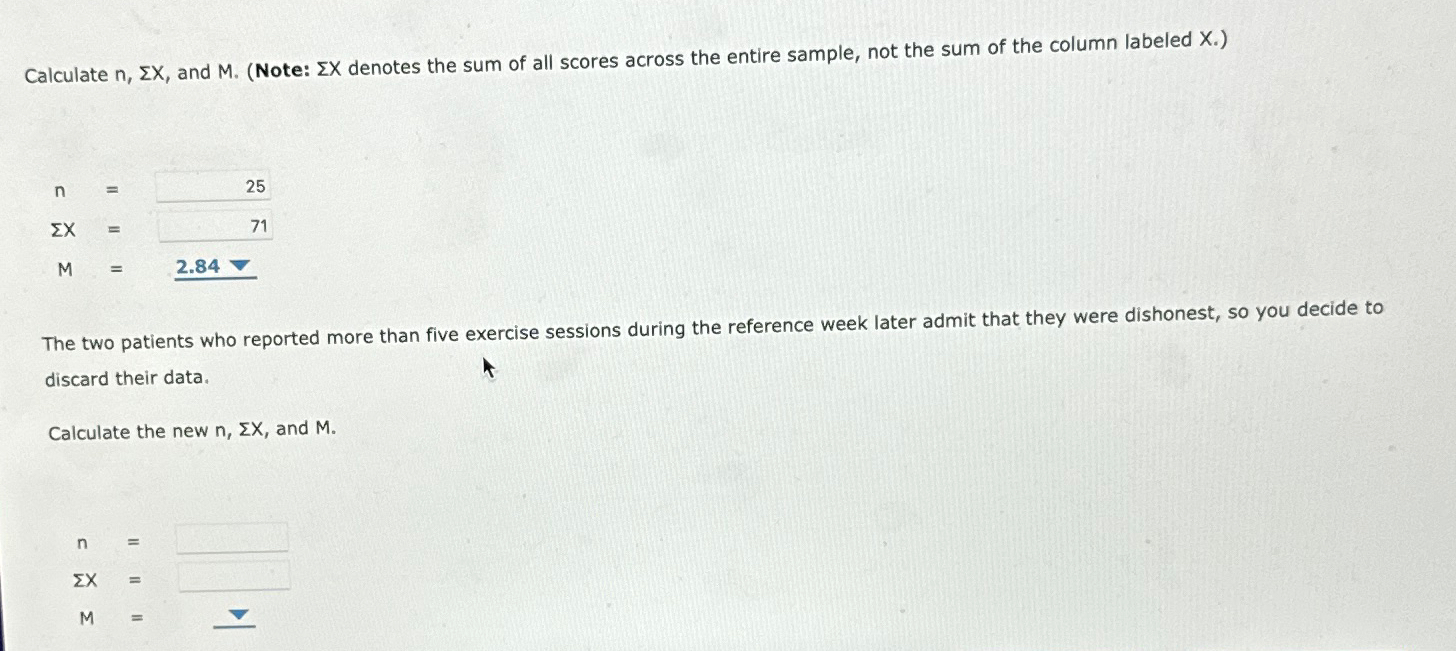 Solved Calculate n,Σx, ﻿and M. (Note: Σx ﻿denotes the sum of | Chegg.com