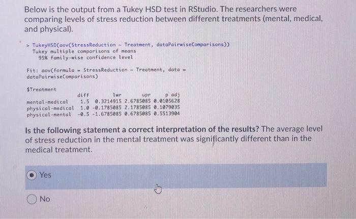 Solved Below is the output from a Tukey HSD test in RStudio. | Chegg.com