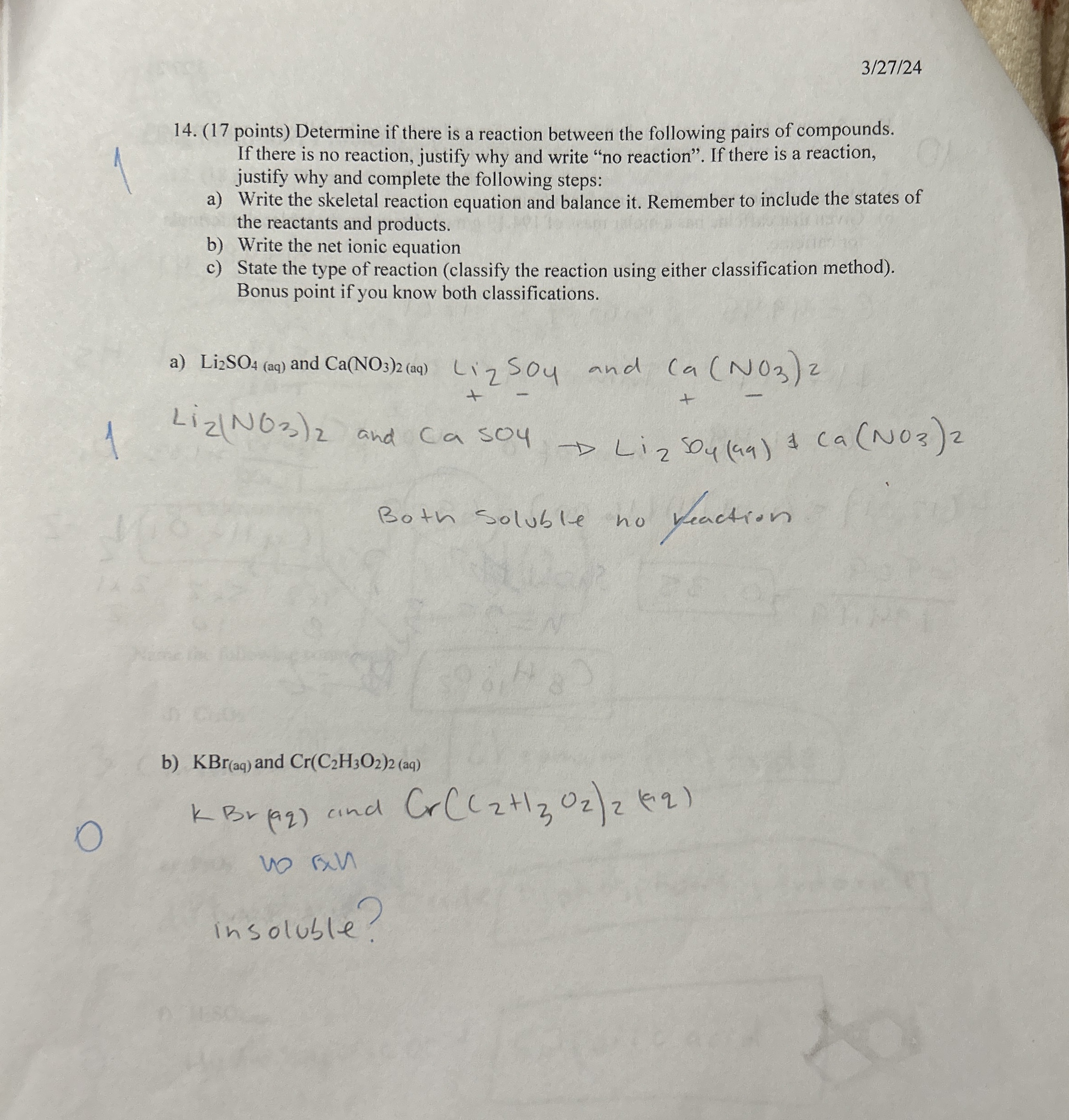 Solved ( 17 ﻿points) ﻿Determine if there is a reaction | Chegg.com
