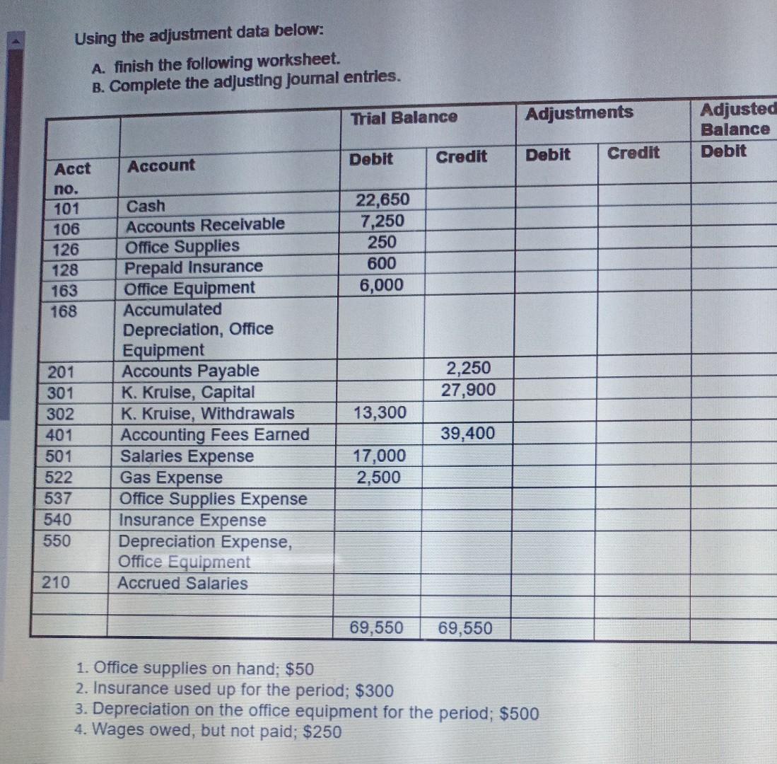 Solved Using the adjustment data below: A. finish the | Chegg.com