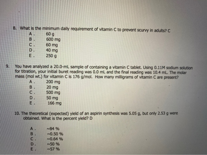 Solved 8. What is the minimum daily requirement of vitamin C | Chegg.com