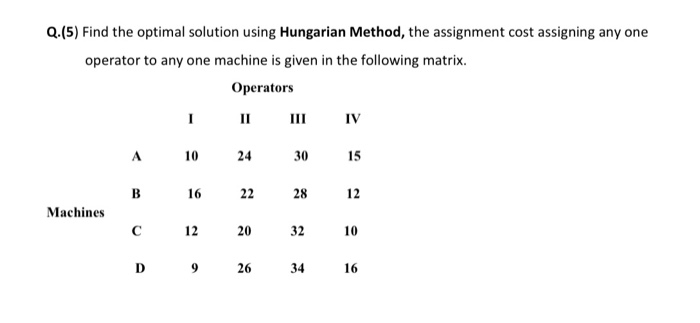 Solved Q.(5) Find the optimal solution using Hungarian | Chegg.com