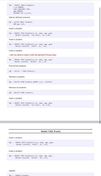Solved 50% CREATE TABLE Students zno NUMBER, name VARCHAR2 | Chegg.com