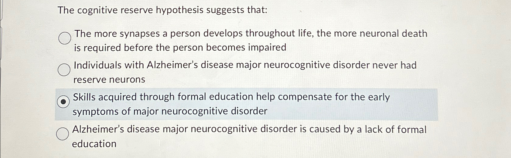 Solved The cognitive reserve hypothesis suggests that:The | Chegg.com