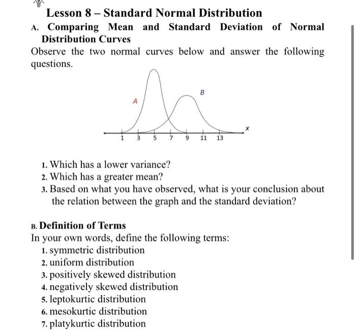 Solved Lesson 8 - Standard Normal Distribution A. Comparing | Chegg.com