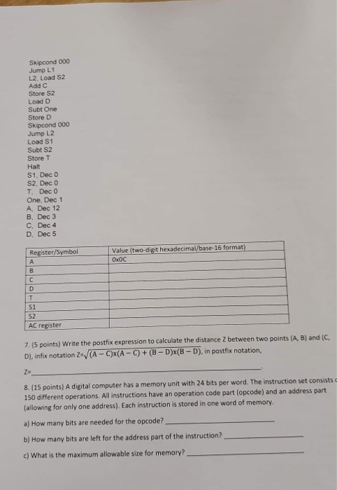 Solved Skipcond 000 Jump L1 L2. Load S2 Add C Store S2 Load | Chegg.com