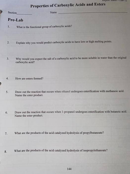 Solved L2 Properties of Carboxylic Acids and Esters Section | Chegg.com