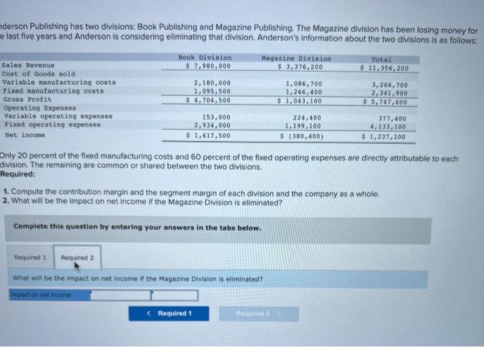 Solved Anderson Publishing has two divisions: Book | Chegg.com