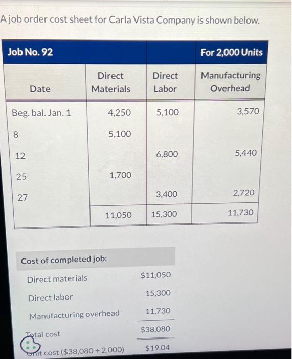 Solved A job order cost sheet for Carla Vista Company is | Chegg.com