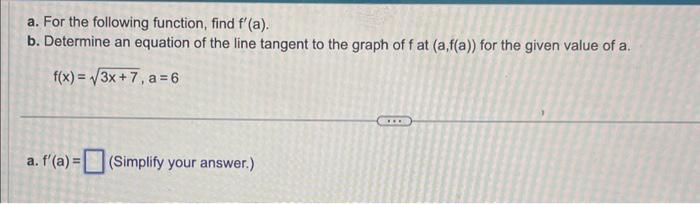 Solved a. For the following function, find f′(a). b. | Chegg.com