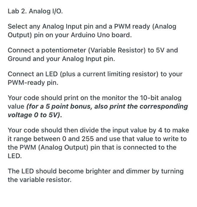 Solved Lab 2. Analog 1/0. Select any Analog Input pin and a | Chegg.com