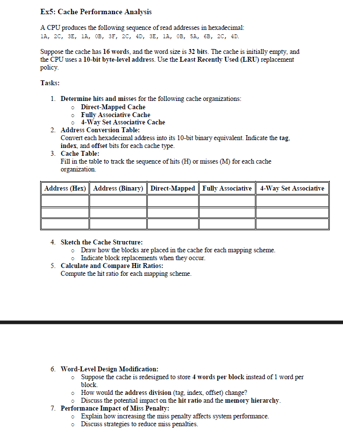 Solved Ex5: Cache Performance AnalysisA CPU produces the | Chegg.com