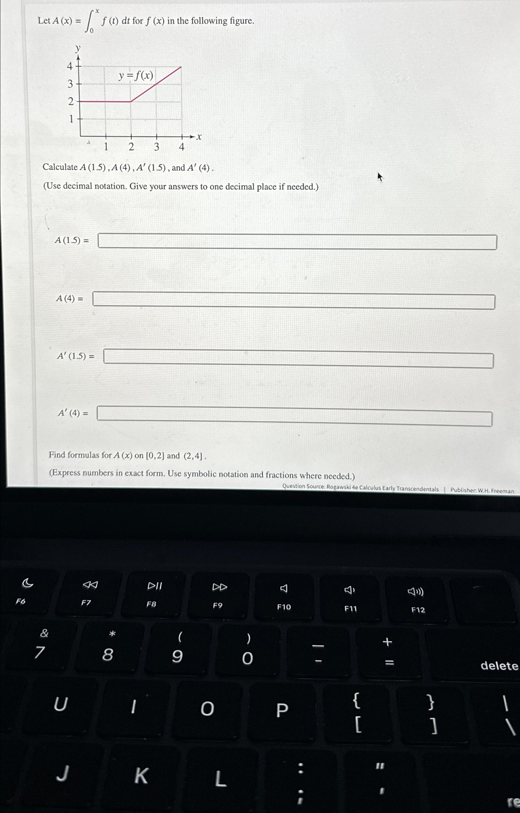 Let A(x)=\\\\int_0^x f(t)dt for f(x) in the following | Chegg.com