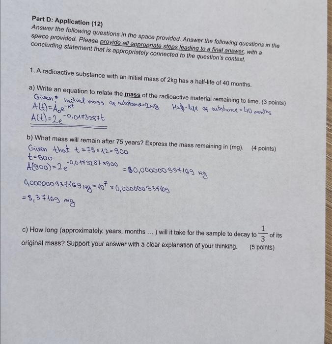 Solved Part D: Application (12) Answer the following | Chegg.com