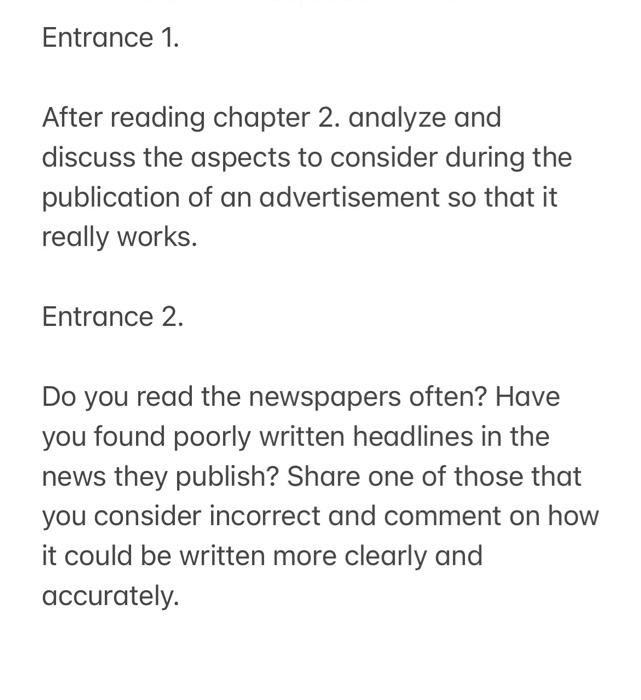 Entrance 1. After reading chapter 2 . analyze and | Chegg.com