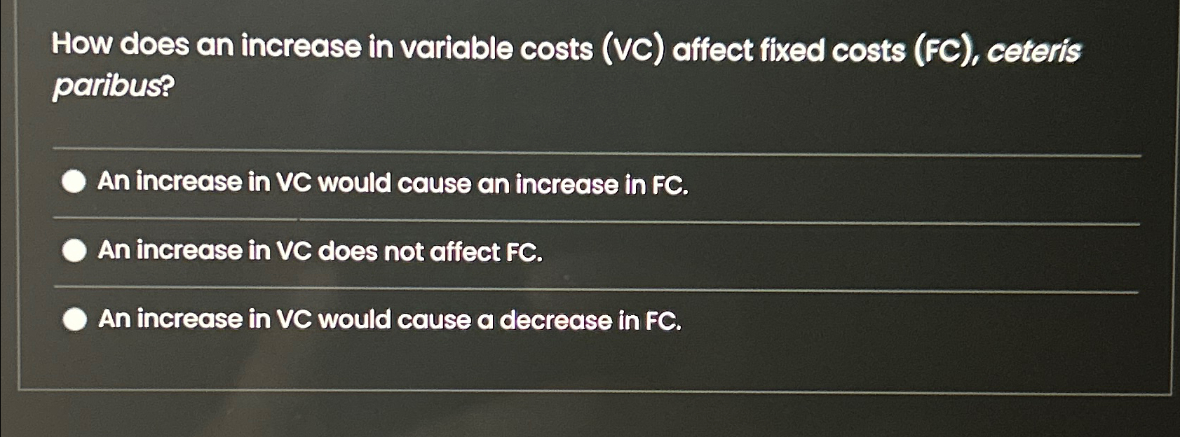 Solved How does an increase in variable costs (VC) ﻿affect | Chegg.com