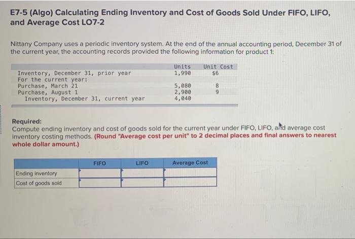 Solved E7-5 (Algo) Calculating Ending Inventory and Cost of | Chegg.com