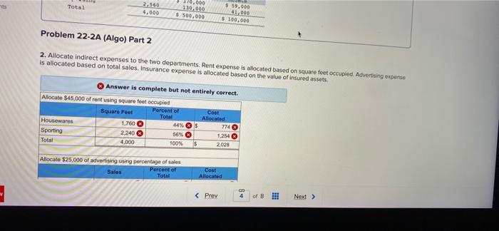 Solved Part 1 of 2 Problem 22-2A (Algo) Allocation of | Chegg.com