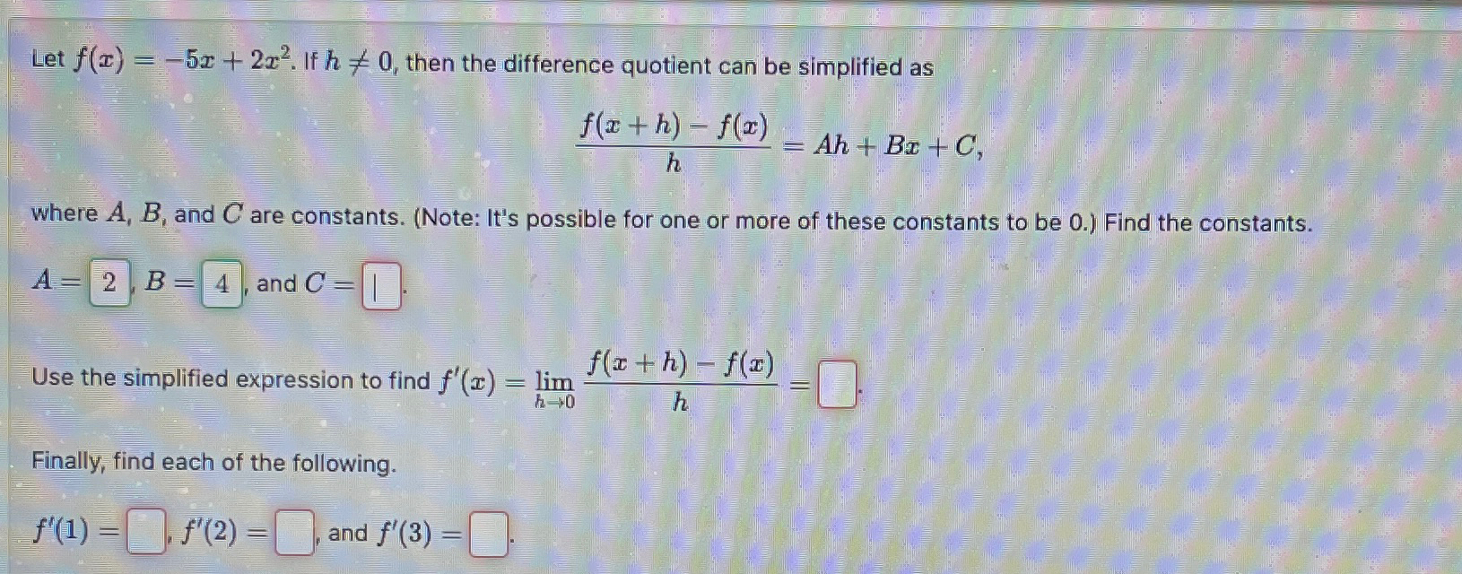 Solved Let f(x)=-5x+2x2. ﻿If h≠0, ﻿then the difference | Chegg.com