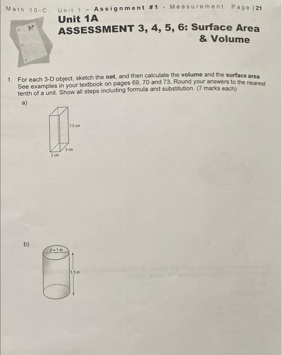 Solved Math 10-C Unit 1 - Assignment #1 - Measurement Page | Chegg.com