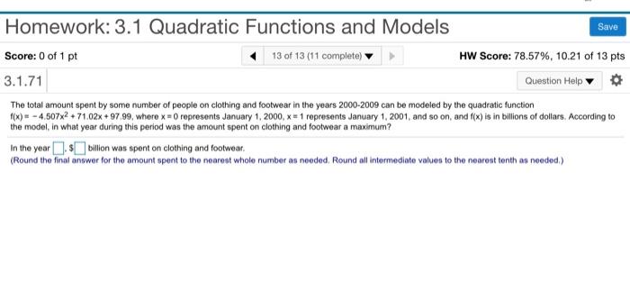 Solved Homework 3 1 Quadratic Functions And Models Save