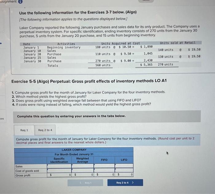 Solved Use the following information for the Exercises 3-7 | Chegg.com