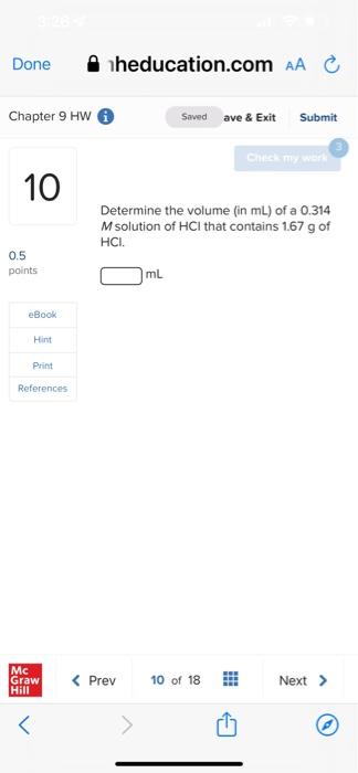 Solved Determine the volume (in mL ) of a 0.314 M solution | Chegg.com