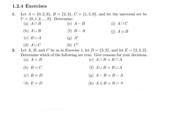 Solved 1. Let A={0,2,3},B={2,3},C={1,5,9}, and let the | Chegg.com