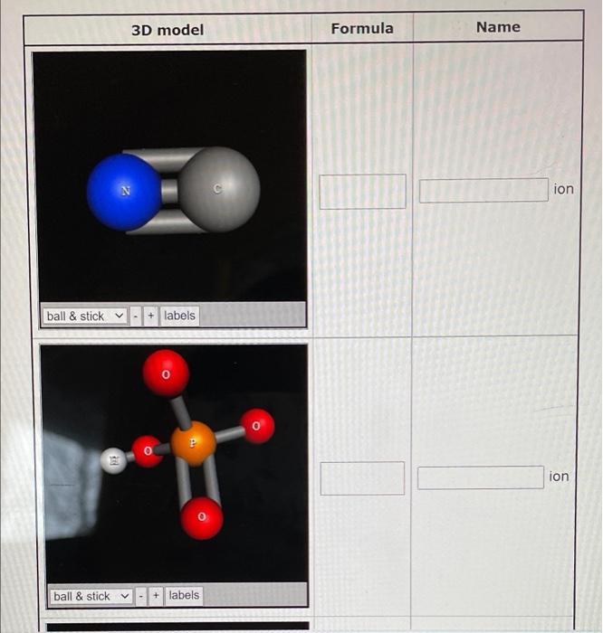Solved 3D model Formula Name ion ball & stick + labels ion | Chegg.com