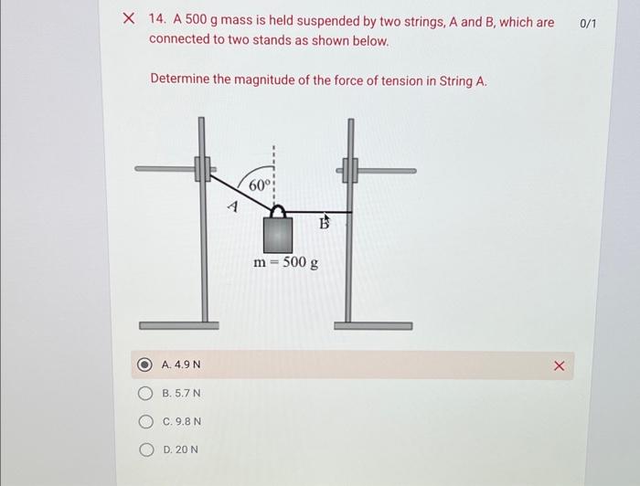 Solved 14. A500 g mass is held suspended by two strings, A | Chegg.com