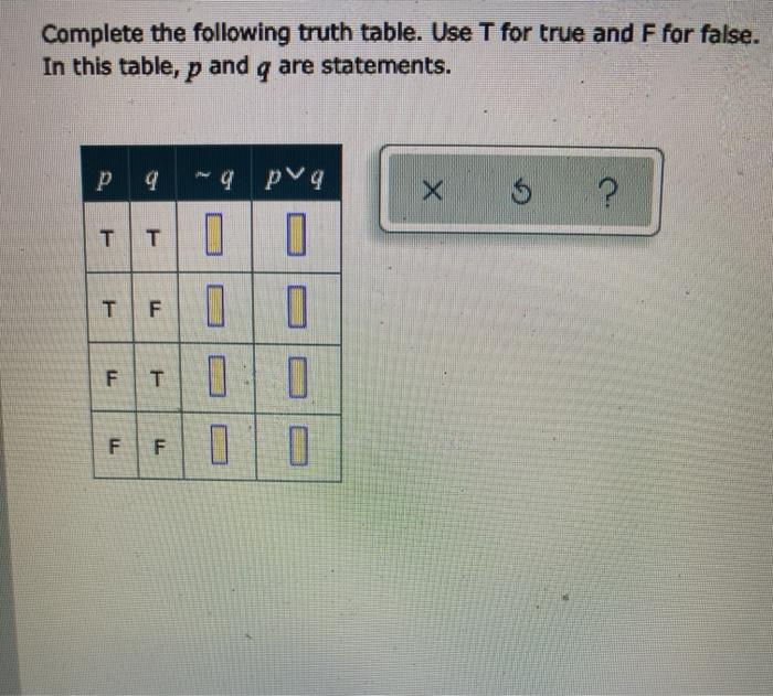 Solved Complete the following truth table. Use T for true | Chegg.com