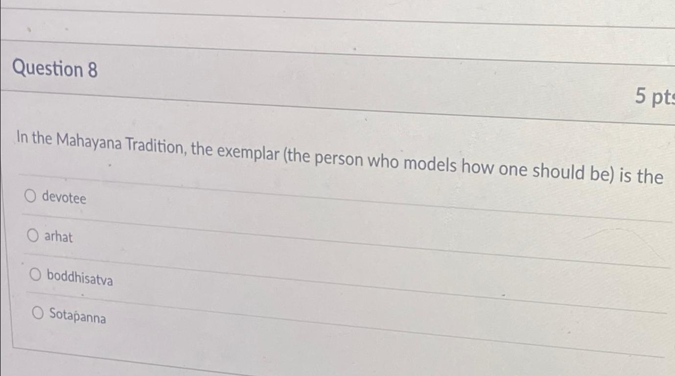 Solved Question 8In the Mahayana Tradition, the exemplar | Chegg.com