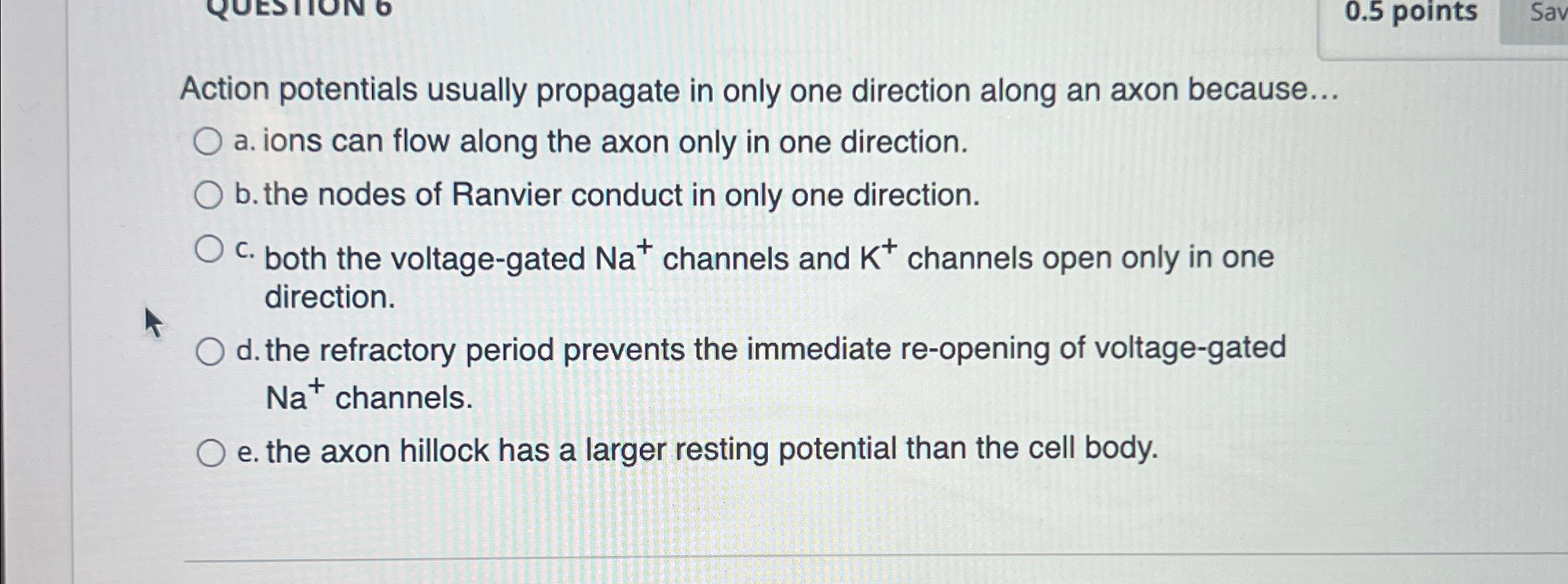 Solved 0.5 ﻿pointsSavAction potentials usually propagate in | Chegg.com