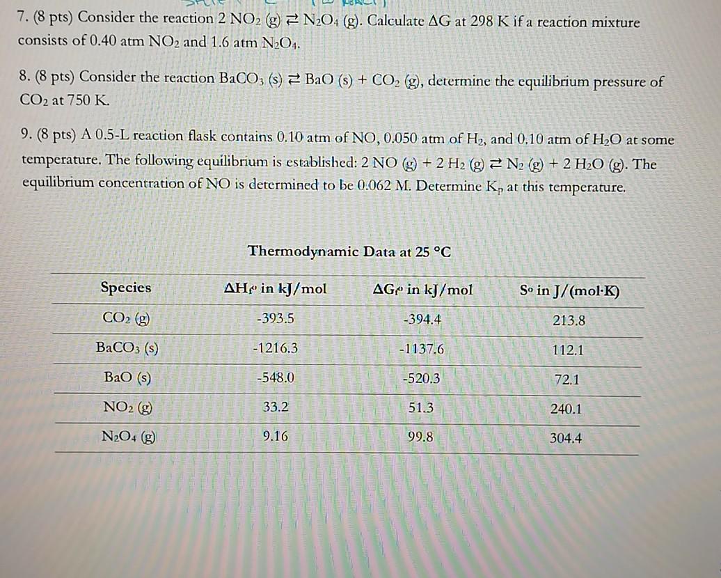 Solved 7. (8 pts) Consider the reaction 2 NO2 (g) = N2O4 | Chegg.com