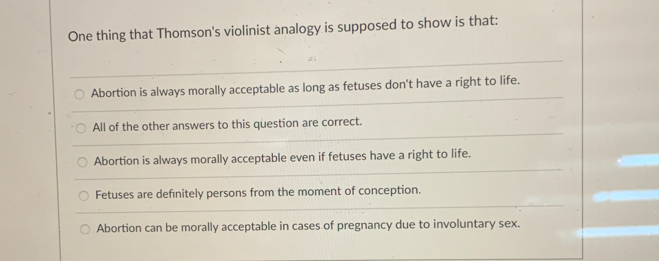 Solved One thing that Thomson's violinist analogy is | Chegg.com
