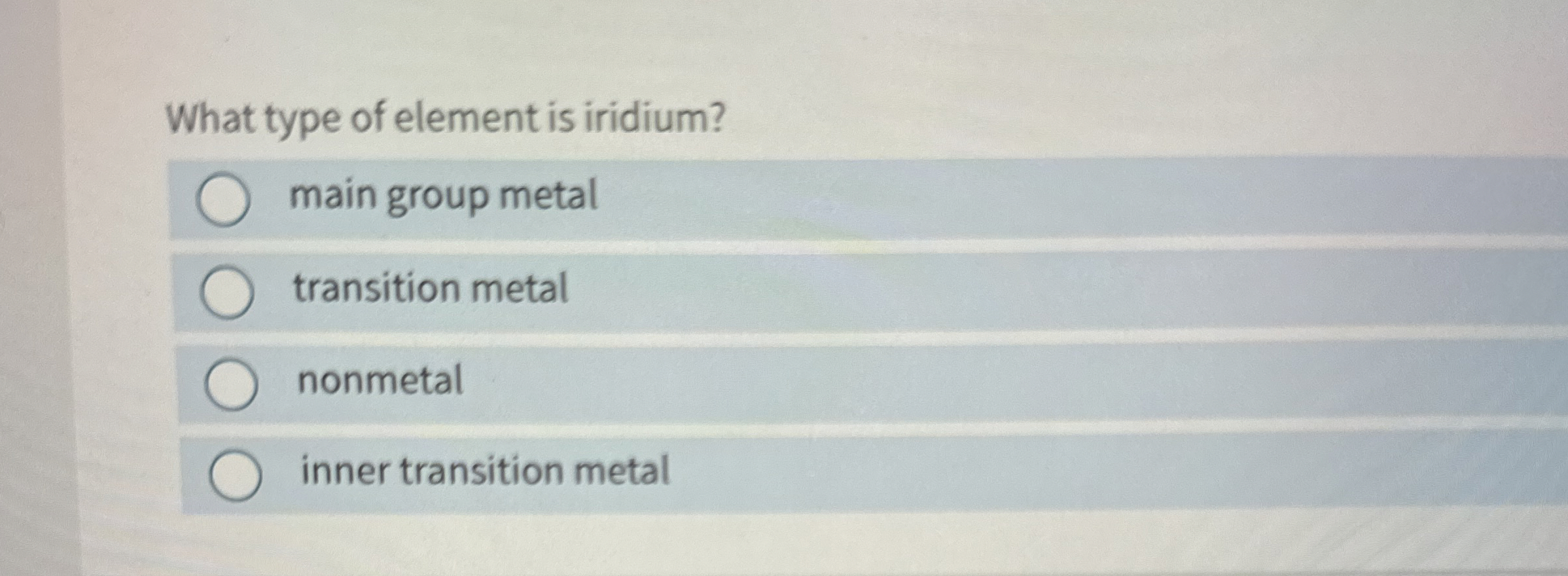 Solved What type of element is iridium?main group | Chegg.com