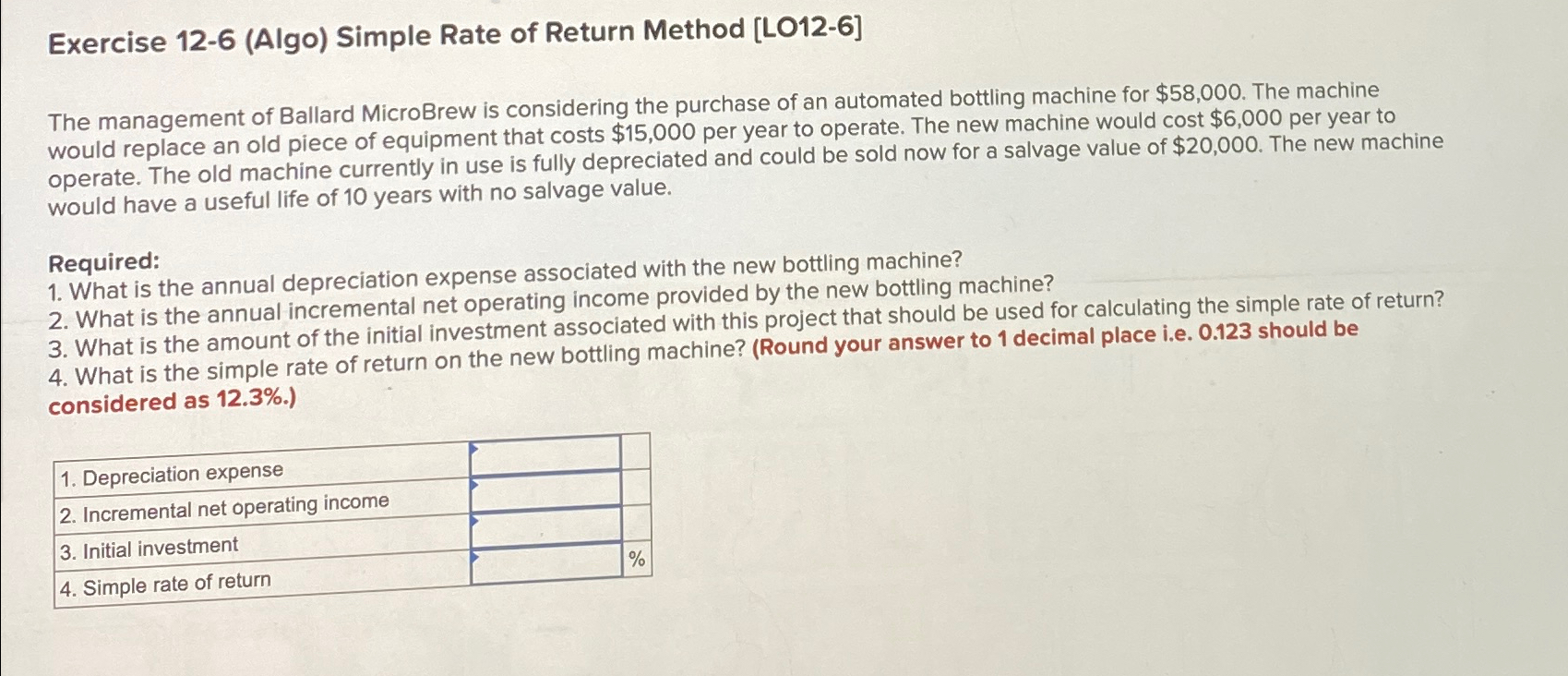 Solved Exercise 12-6 (Algo) ﻿Simple Rate of Return Method | Chegg.com