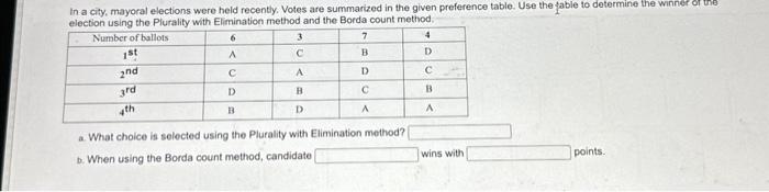 Solved a. What choice is selected using the Plurality with | Chegg.com