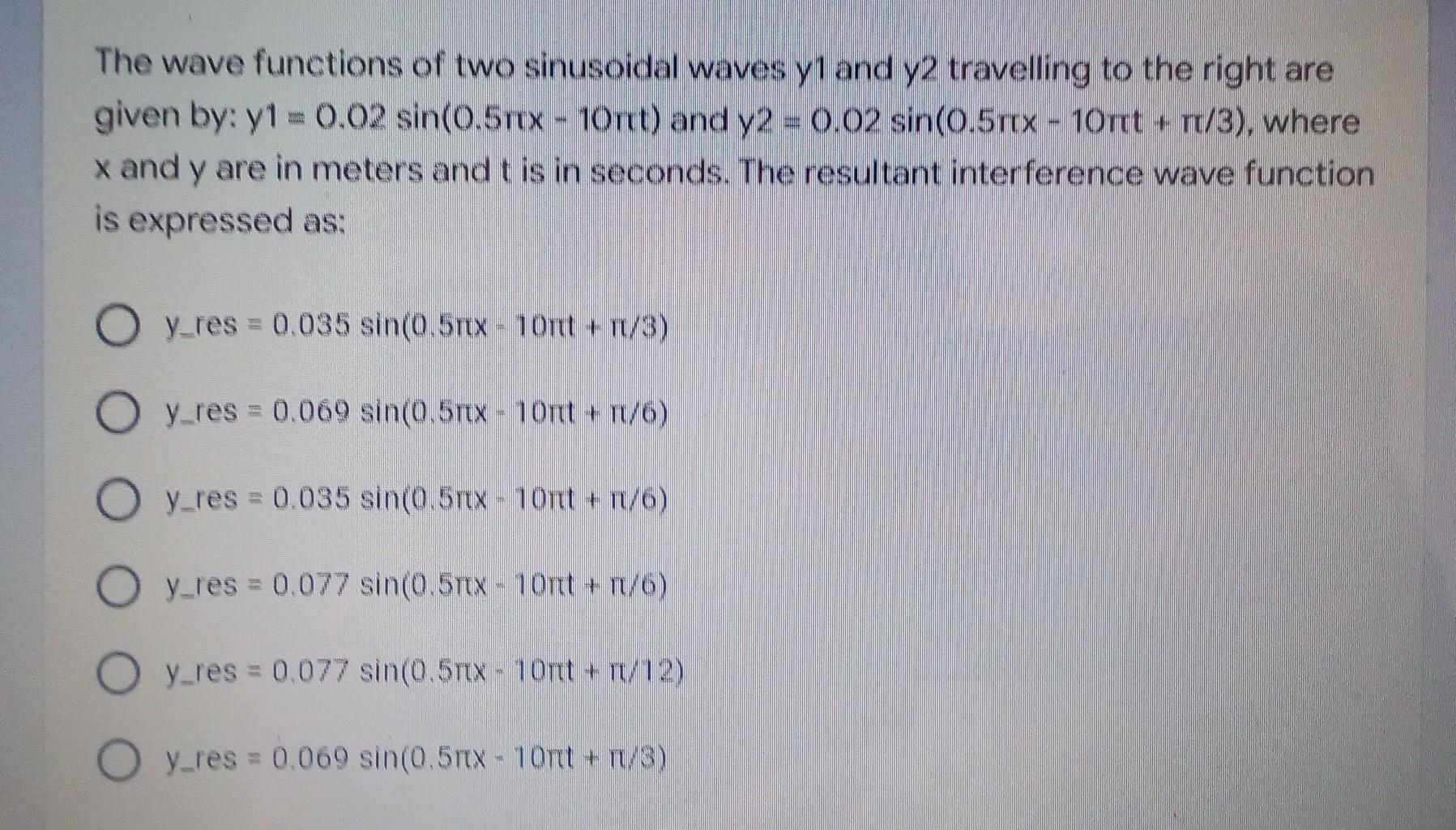 Solved The wave functions of two sinusoidal waves y1 and y2 | Chegg.com