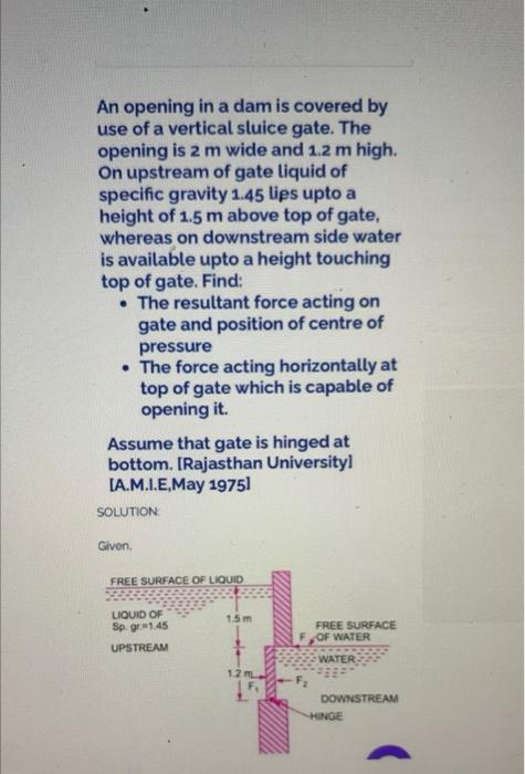 Solved An opening in a dam is covered by use of a vertical | Chegg.com